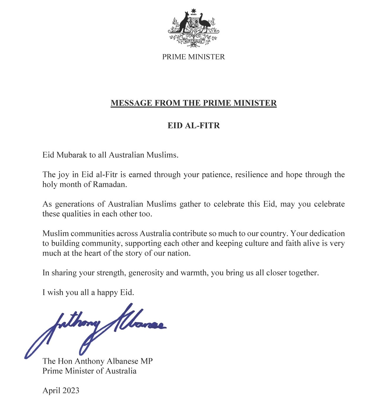 Eid Mubarak! Prime Minister Albanese greets Australian Muslims - VibeMedia